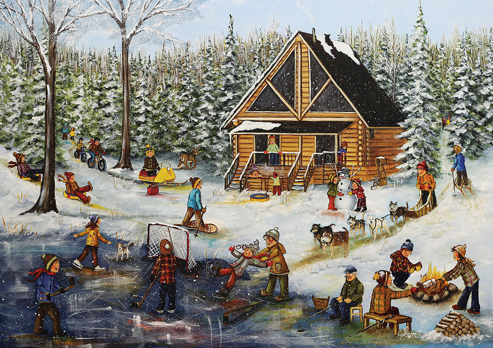 Casse-tête 1000 pièces Christine Genest - Hiver au chalet en bois rond ...